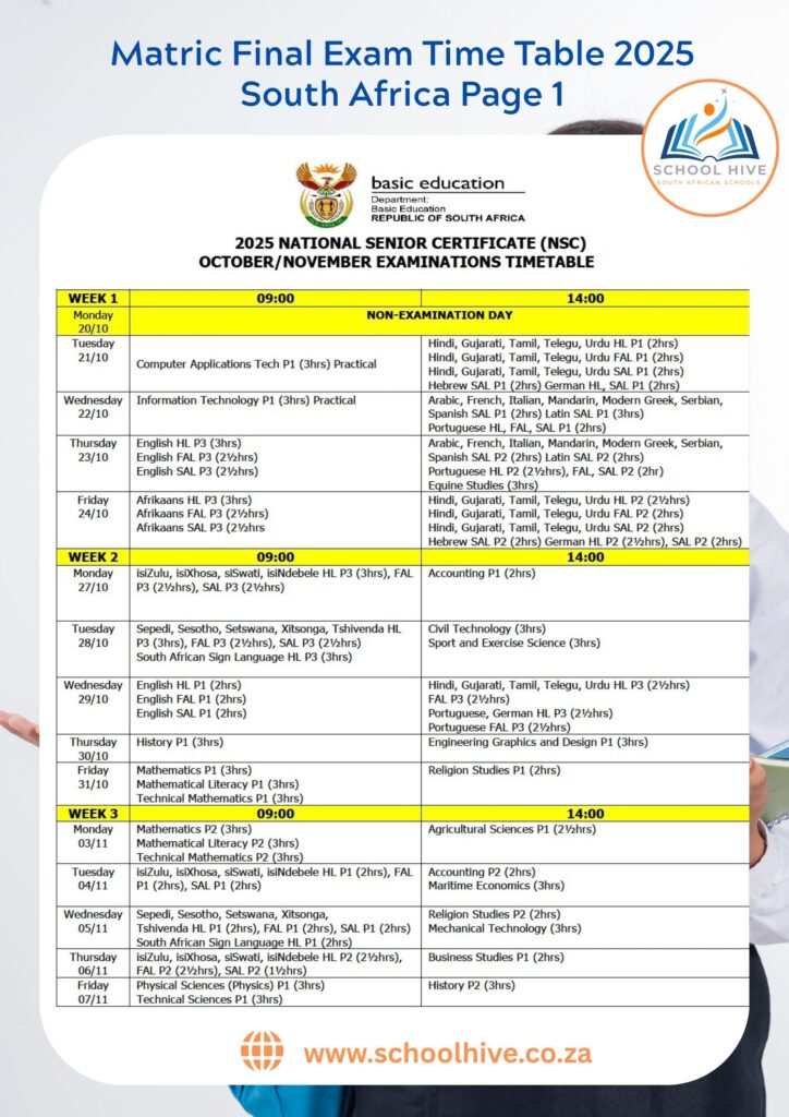 Matric Final Exam Time Table 2025 South Africa - School Hive